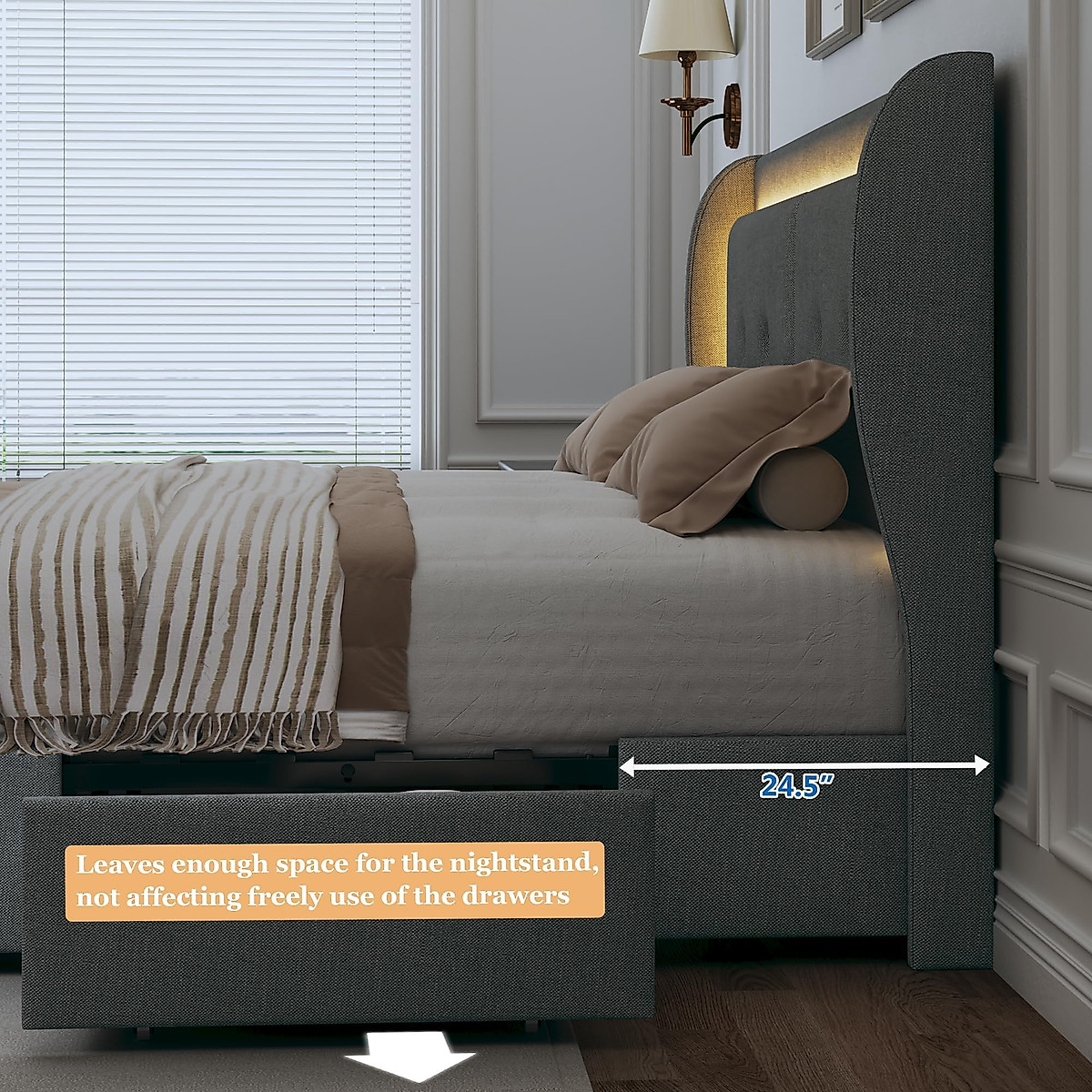 HUAHUU Queen Bed Frame with Storage Drawers, Upholstered LED Bed Frame Queen Size with Wingback Headboard, Platform Bed Frame with Storage, No Box Spring Needed, No-Noise, Easy Assembly