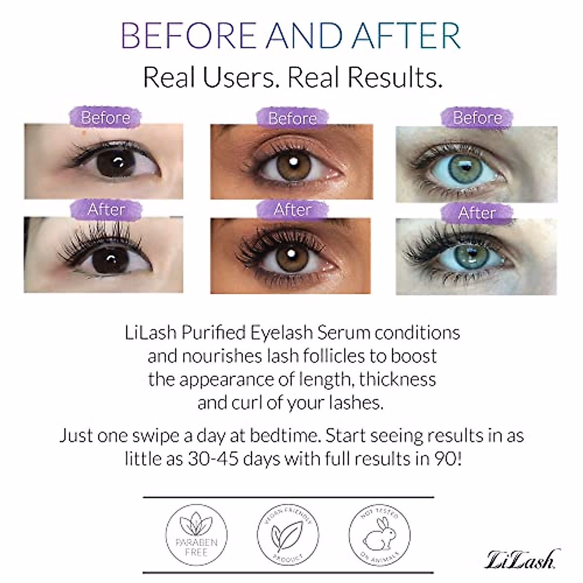 LiLash Purified Eyelash Physician-Formulated Serum for Fuller & Longer Looking Eyelashes | Natural Eyelash Enhancer Safe for Sensitive Eyes & Contact Lens Wearers | 90-Day Supply (2mL)