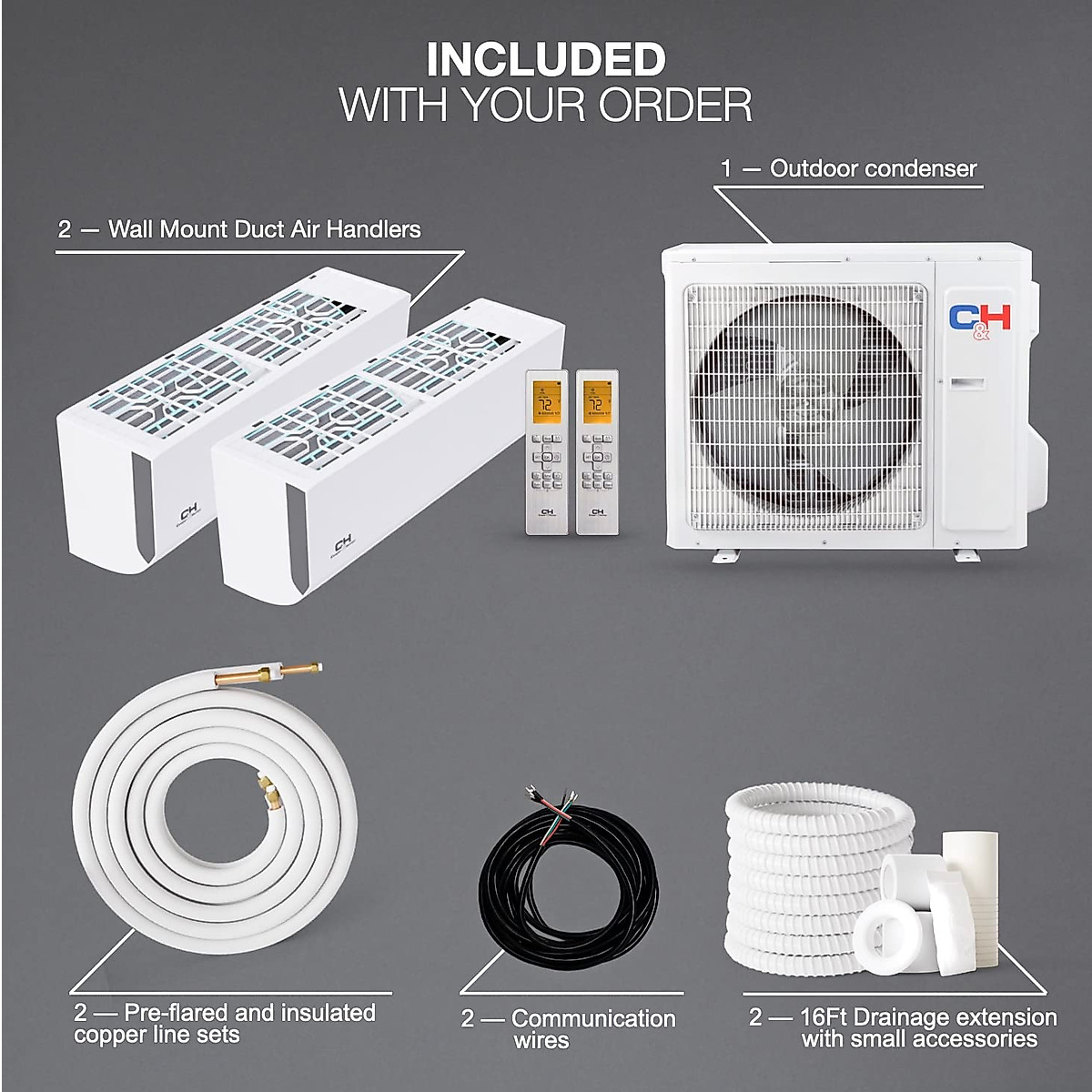 Cooper & Hunter 18,000 BTU Dual 2 Zone 12,000 + 12,000 BTU Wall Mount Ductless Mini Split AC/Heating System, Pre-Charged, 22.5 SEER, Including 25FT Copper Line Set and Communication Wires