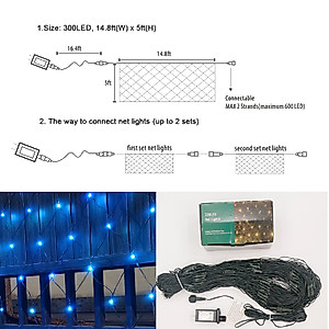 OYCBUZO 300LED Blue Net Lights,14.8ftx5ft 8 Modes Connectable Christmas Mesh Lights, Indoor and Outdoor Fairy String Lights Plug in for Halloween Thanksgiving Bushes Tree Party Garden - Blue