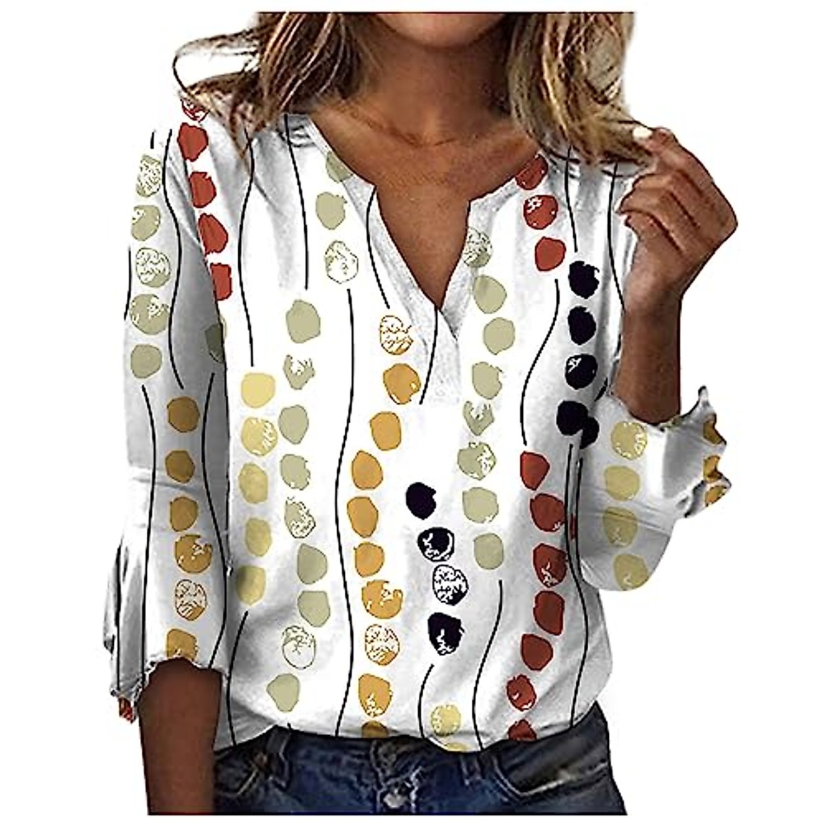 Womens Tops 3/4 Sleeve 3/4 Length Sleeves Tops for Women Floral Print Retro Blouses V Neck Tulip Sleeve Loose Fit Dressy Casual T-Shirts Yellow XXL