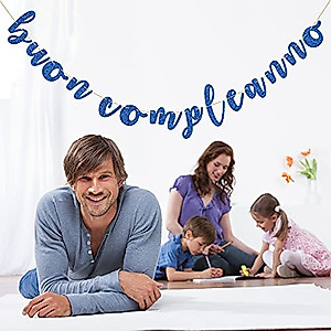 INNORU Buon Compleanno Banner, Italian Happy Birthday Party Decorations, Italian Themed Birthday Party Bunting Garland, Birthday Party Decoration Navy Blue Glitter