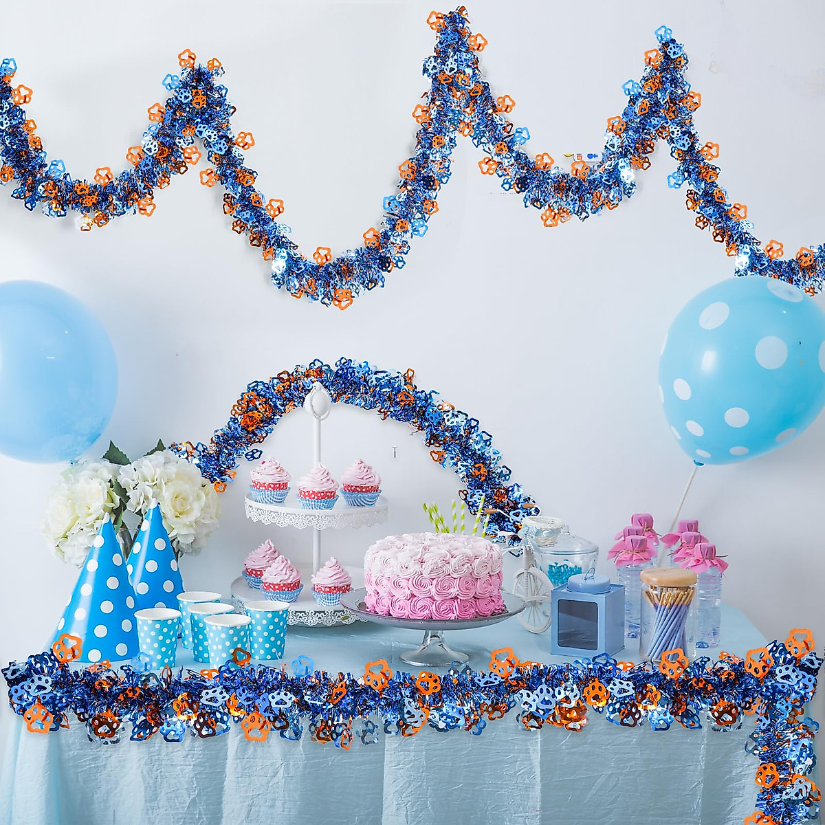 LOLStar Blue Dog Birthday Decorations 26 ft Orange Blue and Light Blue Dog Paw Foil Tinsel Garland,Blue Dog Birthday Party Supplies,Perfect Hanging Photo Booth Prop for Blue Dog Themed Decor