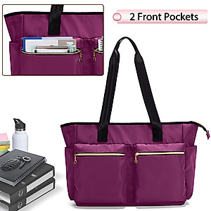 Damero Teacher Tote Bag, Teacher Utility Tote Bag with Zip Top and Padded Sleeve for up to 15.6’’ Laptop for Work, Office, Business, Purple(Upgraded)