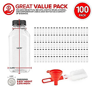 12 oz Plastic Bottles with Caps (100 pack) - Reusable Clear Empty Juice Bottles - 12 Oz Drink Containers for Mini Fridge, Juicer Shots - Mini Water Bottles - Include Labels, Brush & Funnel