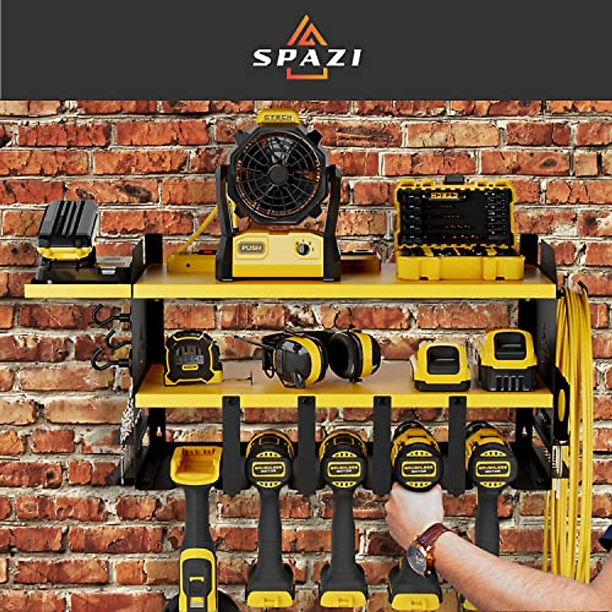 SPAZI Power Tool Organizer Wall Mount (25.5'' Lx9'' Wx12'' H) Storage Rack with Drill Holder, Tray, & 4 Magnetic Hooks - Steel Cordless -Garage w/ 2 Shelves, Black Yellow