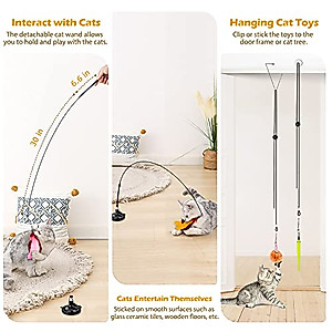 HOSFROLL Cat Toys, 2 Pack 3 in 1 Interactive Cat Toy for Indoor Cats with Sticky Super Suction Cup Detachable 10 Pcs Replacements Feathers Balls Mice 2 Wand Hanging Door Kitten Toys