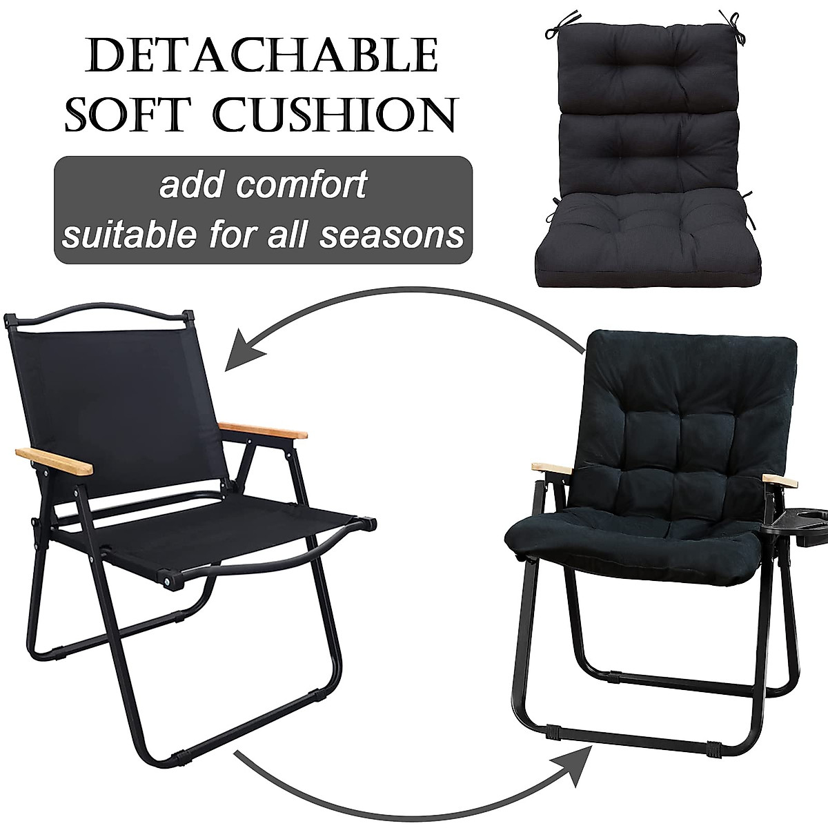 Folding Camping Chair with Detachable Cushion and Cup Holder, Lawn Chair with Arm Rest, Heavy Duty Portable Camping Chair for Adults, Outdoor Chair for Camping, Lawn, Patio, Beach and Fishing, Black