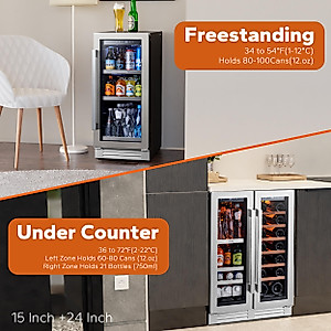 Ca'Lefort 24 Inch Wine and Beverage Refrigerator, 77 Can and 25 Bottle Wine Fridge Dual Zone 36°F-72°F, 3 LED Beverage Fridge Built in, Under Counter or Freestanding for Home/Kitchen(4.98 cu.ft)