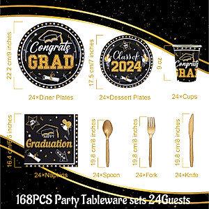 168PCS Graduation Party Decorations Dinnerware Set - Class of 2024 Decorations - Plates Napkins Cups Knife Fork Spoon(Black-Gold)