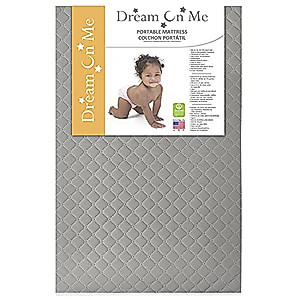Dream On Me Aster 3" Fiber Portable Mini Crib Mattress, Waterproof Vinyl Cover, Greenguard Gold Certified, Mini Crib Mattress, 38" L x 24" W x 3" Th, Grey