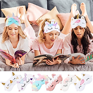 12 Packs Sleepover Party Favors for Teenager Girl, Unicorn Animal Plush Sleep Eye Mask Soft Plush Nap Eyeshade Plush Bow Headbands, Elastic Hair Band for Single Women Spa Pajama Party (Fresh Style)