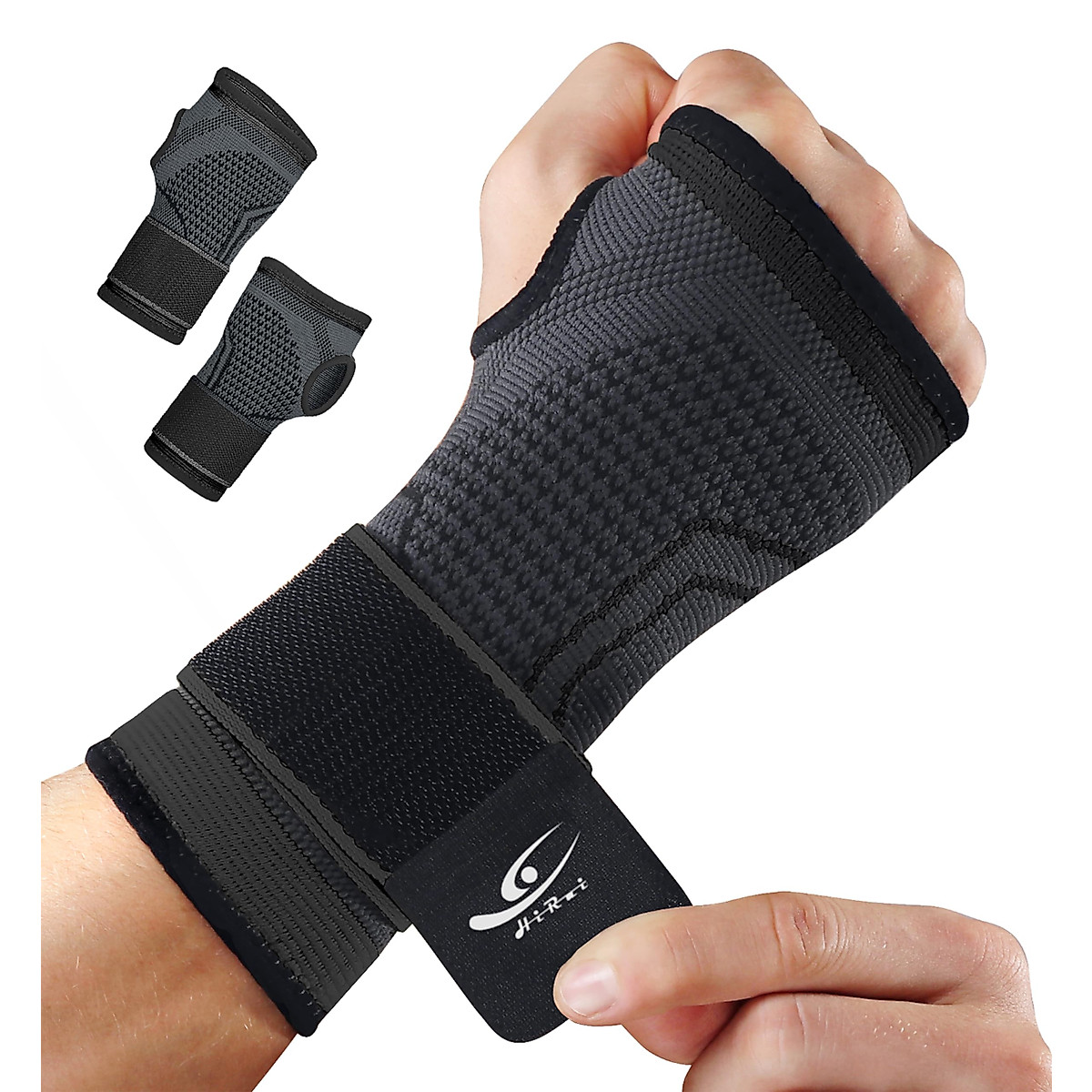 HiRui 2-Pack Wrist Brace Wrist Wraps, Hand Compression Sleeves with Wrist Straps Support for Fitness Weightlifting MTB Tendonitis Carpal Tunnel Arthritis Pain Relief (Black, Medium)