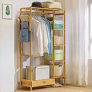 MoNiBloom Bamboo Clothing Rack 5 Tier Storage Shelves Garment Rack with Side Hooks & Pants Rack for Bedroom Living Room Office Mudroom, Natural
