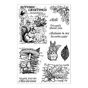Arbuya Autumn Squirrel Clear Stamps for Journaling or Card Making, Nuts Mushroom Sentiment Rubber Stamps for Journals Planners Scrapbooking Paper Crafting