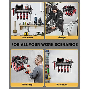 Power Tool Organizer, Garage shelving 2 Layers Garage Tool Organizers 4 Drill Holder Wall Mount, and Heavy Duty Metal Tool Shelf with Screwdriver Holder/Plier Holder/Hammer Holder (Black, 2_Layer)