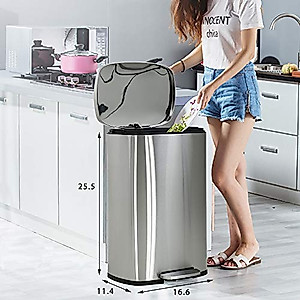Stainless Steel Kitchen Trash Can with Soft Slow Lid Pedal Step 13 Gallon / 50 Liter Garbage Can Removable Plastic Inner Bucket Trash Bin for Bathroom Kitchen and Office Large Trash Bin,Silver