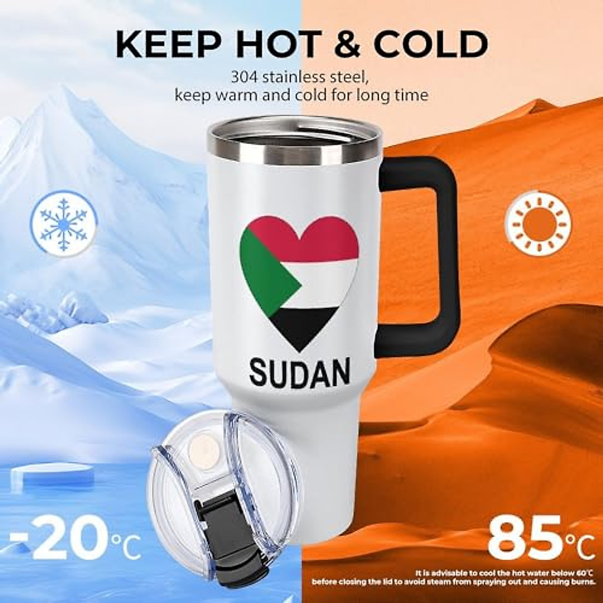 Love Sudan 40oz Water Bottle Double Wall Insulated Tumbler with Handle Leakproof Travel Mug Black-style