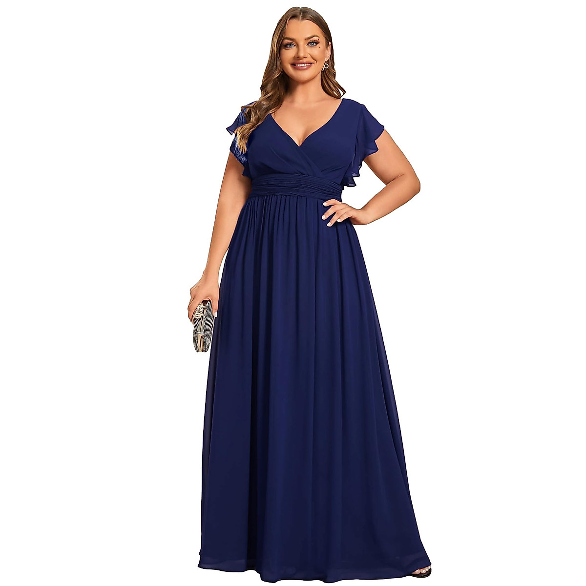 Ever-Pretty Women's Ruched V Neck A-Line Ruffles Sleeves Summer Maxi Plus Size Cocktail Dress Navy Blue US16