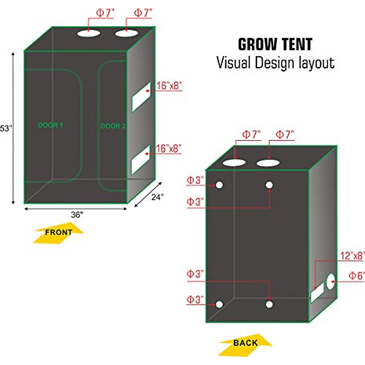 Hongruilite 36''x24''x53'' 2-in-1 Grow Tent Room w/Waterproof Floor Tray + Grow Light Hangers + Digital Hygrometer + 60mm Bonsai Shears + 24 Hour Timer + Trellis Netting Indoor Plant Grow Tent Kit