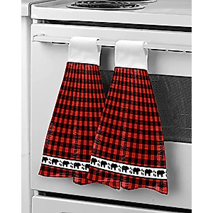 2PCS Hand Tie Towels for Bathroom Kitchen-Red Black Buffalo Checked Plaid Bear Paw Decor Hanging Towel Tea Bar Dish Cloth Soft Coral Fleece Absorbent Washcloth,Forest Animals