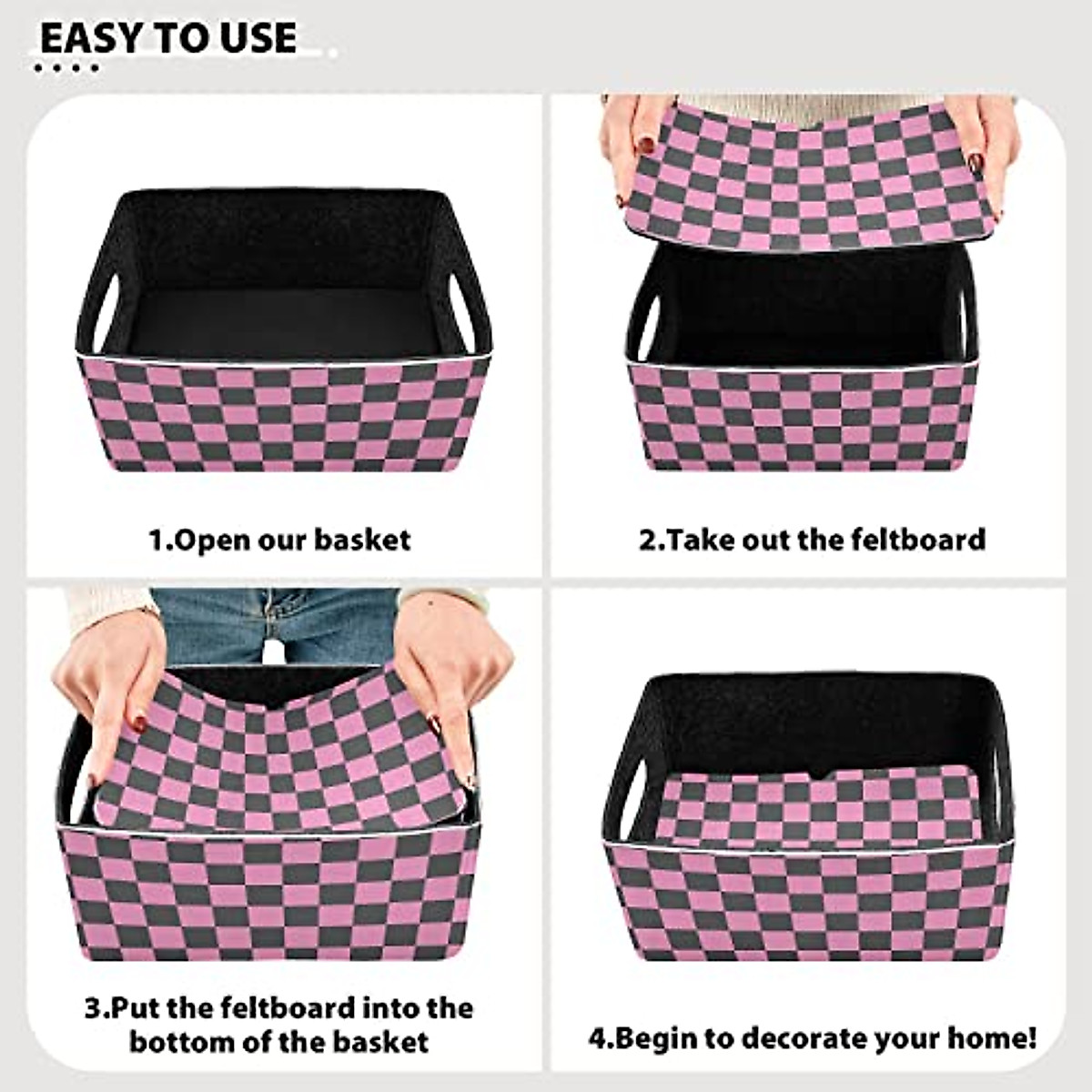 Checkerboard Pink Black Plaid Storage Basket Felt Storage Bin Collapsible Closet Baskets Decorative Baskets Organizer for Pet Supplies Magazine