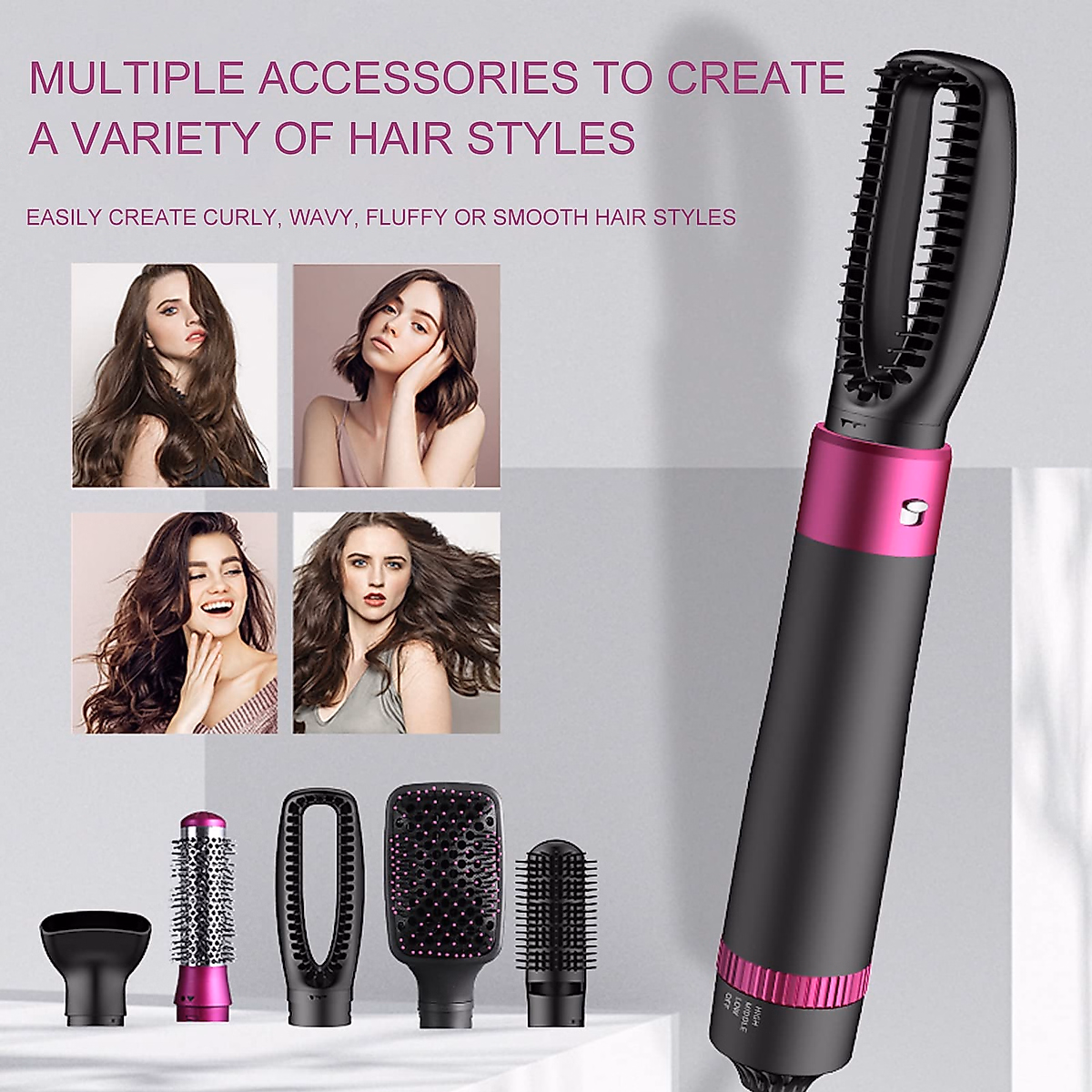 5 in 1 Styling Hot Air Brush with Negative Ion - Detachable and Interchangeable Bristles for Straightening, Curling, Drying, Combing, and Scalp Massage - Heat Brush with Glove
