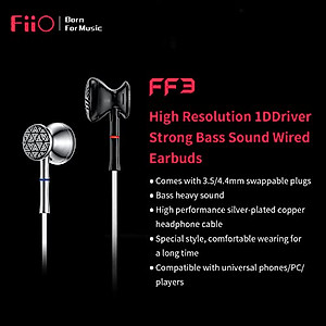 FiiO FF3 Headphones Earbuds Wired Deep Bass 1DD High Resolution Earphones Comes with 2.5/3.5/4.4mm Swappable Plugs Lossless Sound for Smartphones/PC/Laptop/Tablet(Black)