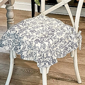 Piper Classics Doylestown Floral Ruffled Chair Pad 16" x 16", Blue & Cream Flower Print, Vintage Farmhouse, Country Cottage Chair Cushion