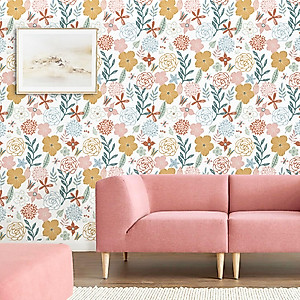 WENMER Floral Peel and Stick Wallpaper 17.71”×118”Boho Floral Wallpaper Pink Floral Contact Paper Self Adhesive Removable Wallpaper for Bathroom Cabinet Decorative