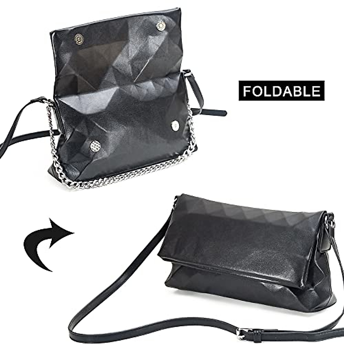Women Chain Handbag, Shoulder Crossbody Hobo Purse Foldable Small Messenger Clutch Satchel Bag, Black
