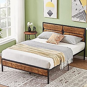 VECELO Queen Bed Frame Heavy Duty Metal Platform with Wooden Headboard Footboard Mattress Foundation 12 Strong Steel Slats Support Under Bed Storage/Easy Assemble