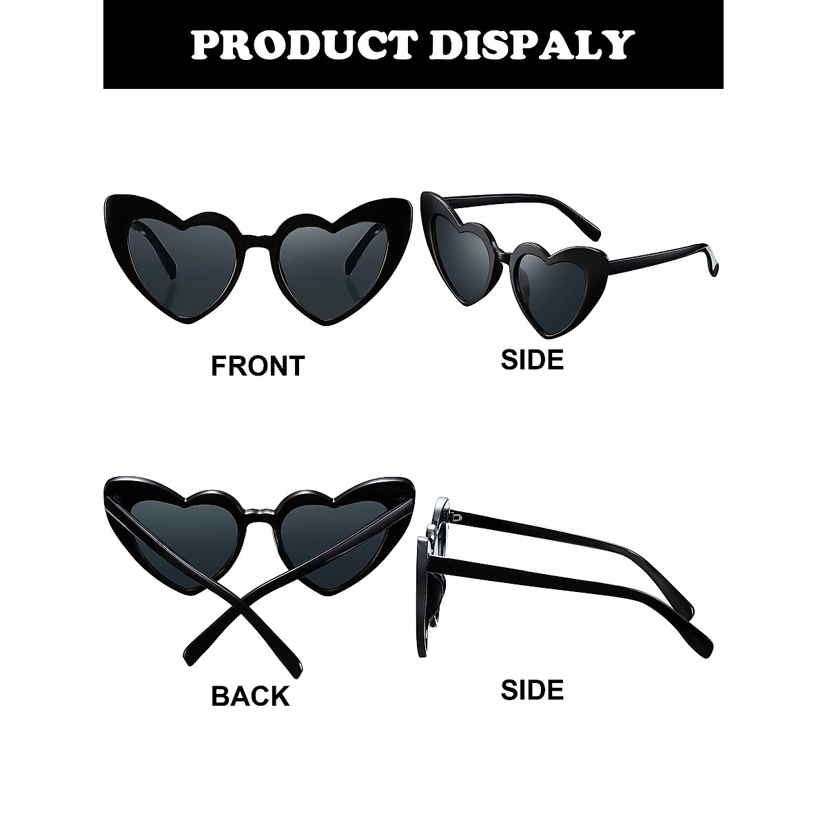 Frienda 6 Pairs Heart Shaped Sunglasses Cat Eye Sunglasses Vintage Heart Glasses for Wedding Costume Party (Black-Grey)