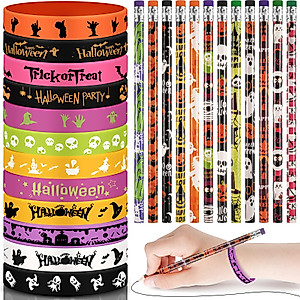 48 Pcs Halloween Pencils Halloween Rubber Bracelets Set Halloween Party Favors for Kids Ghost Pumpkin Skeleton Bat Spider Pencils Silicone Wristbands Trick or Treat Gifts Classroom Gifts for Students