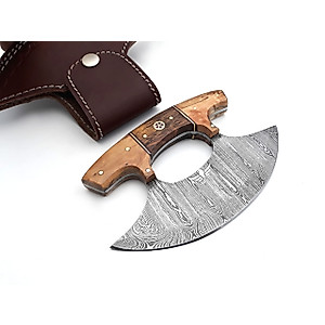 Lara Eagle Damascus Steel Ulu Knife, Celtic Knot Handle made of Exotic Rose Wood and Olive wood, 6 inch blade One-Handed Rocker Knife with Leather Sheath