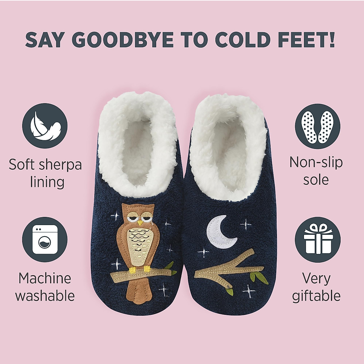 Snoozies Pairable Slipper Socks - Funny House Slippers for Women, Non-Slip Fuzzy Slipper Socks - Up Owl Night- Medium