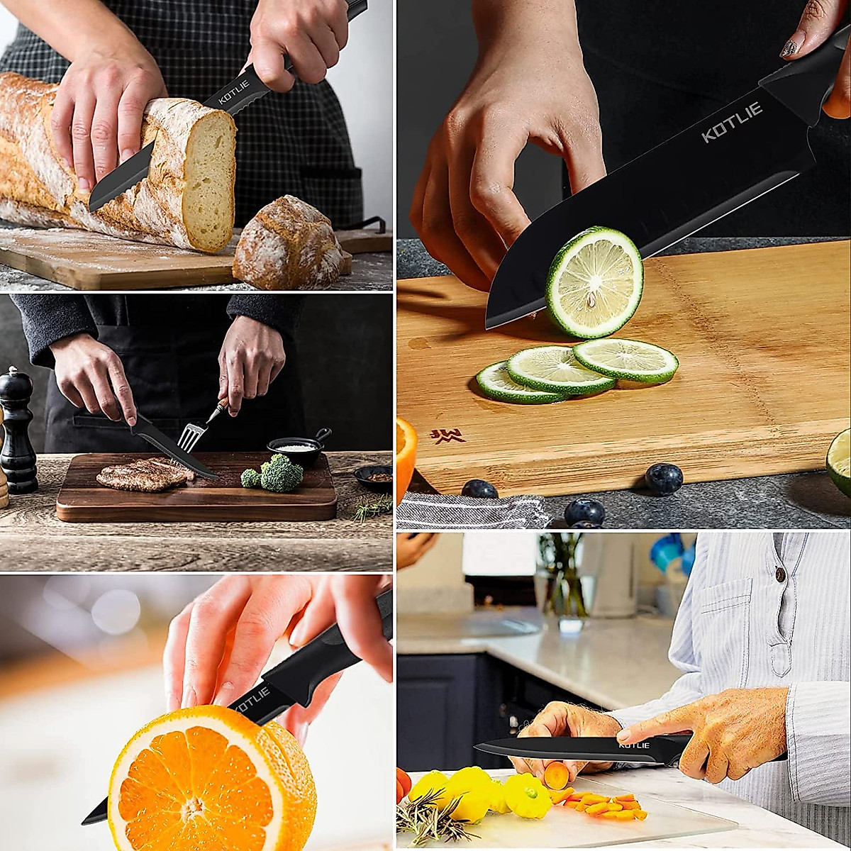 Kitchen Knife Set, KOTLIE 19-Pieces Dishwasher Safe Knife Set with Acrylic Stand, High Carbon Stainless Steel Chef Knife Set with Scissors, 6x Serrated Steak Knives, Peeler and Knife Sharpener