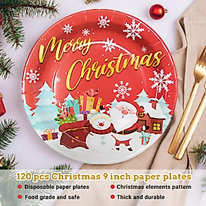 CONEHOY 120 Pcs Christmas Paper Plates Round 9 In Disposable Tableware Sets Santa Snowman Christmas Tree Design Holiday Tableware for Winter Dinner Dessert Birthday Christmas Party Supplies