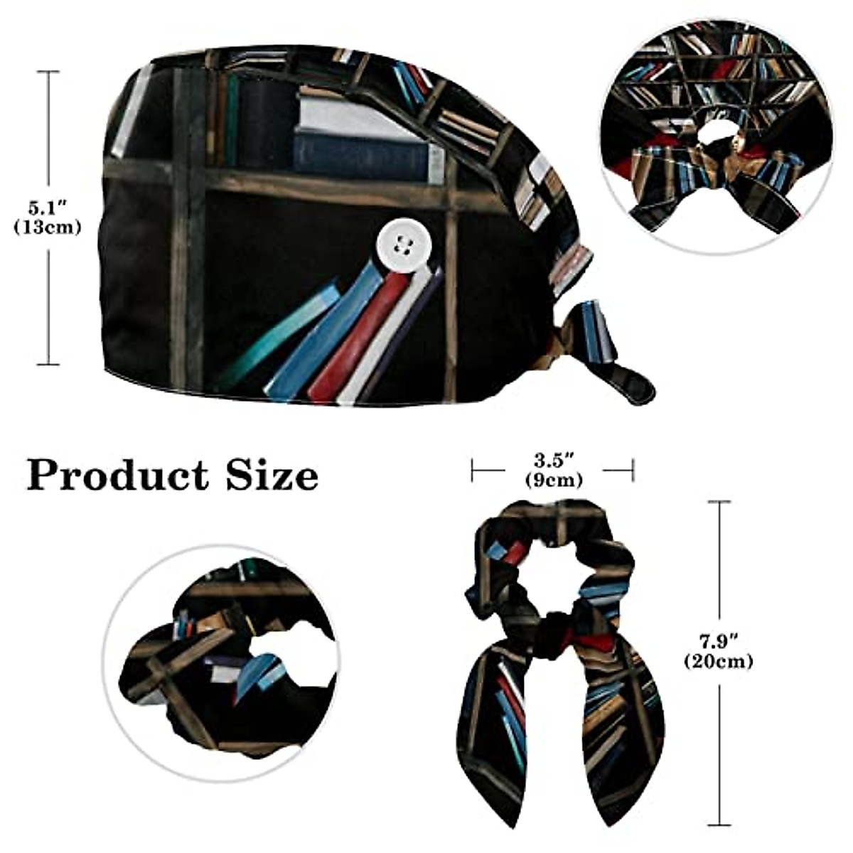 Scrub Caps Women with Bow Hair Rings Set, Adjustable Bouffant Hats for Nurse, Bookshelf Reading Knowledge Unisex Tie Back Hats, One Size