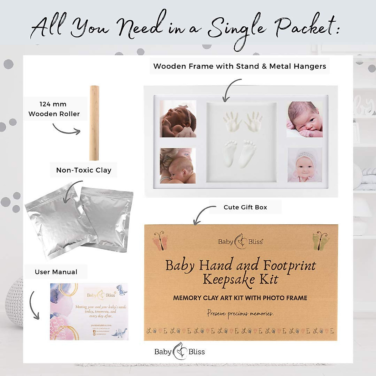 BABY BLISS Baby Hand and Footprint Keepsake Kit - Baby Prints Photo Frame for Newborn Boys and Girls – Nursery Memory Art Kit - Dog and Cat Paw Clay Print Kit for Pet Parents