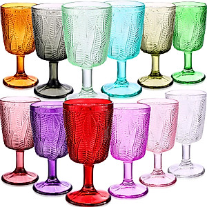 Roshtia 12 Pcs Goblet Wine Glasses 11.8 oz Vintage Color Glass Goblets Romantic Embossed Leaf Pattern Wine Goblet Glass Cups Wine Glassware with Stem for Wedding Party Bar Anniversary