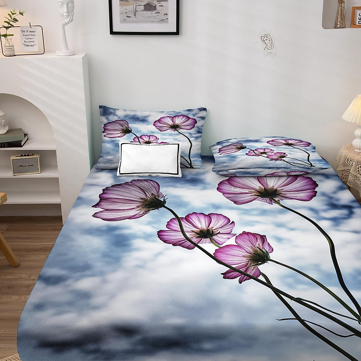 Poppy Sheets Full Size, Plant Sky Bed Sheets, Patterned Bedding Sheets & Pillowcases 4 Piece Set - Soft Microfiber Deep Pocket Fitted Sheet & Flat Sheet & 2 Pillow Cases L5-&-328