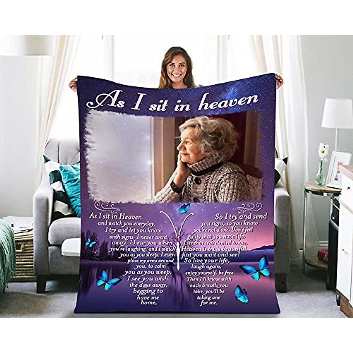Personalized Memorial Blanket Butterfly Sunset As I Sit in Heaven Blanket Memory Gifts for Loss of Loved One Mom in Heaven Dad in Heaven Husband in Heaven Wife in Heaven Fathers Day Blanket