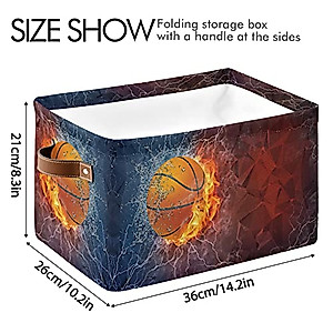 Basketball Fire Water Rectangular Storage Basket Storage Bin Collapsible Storage Box with Leather Handles Storage Hamper Organizer for Home, Bedroom