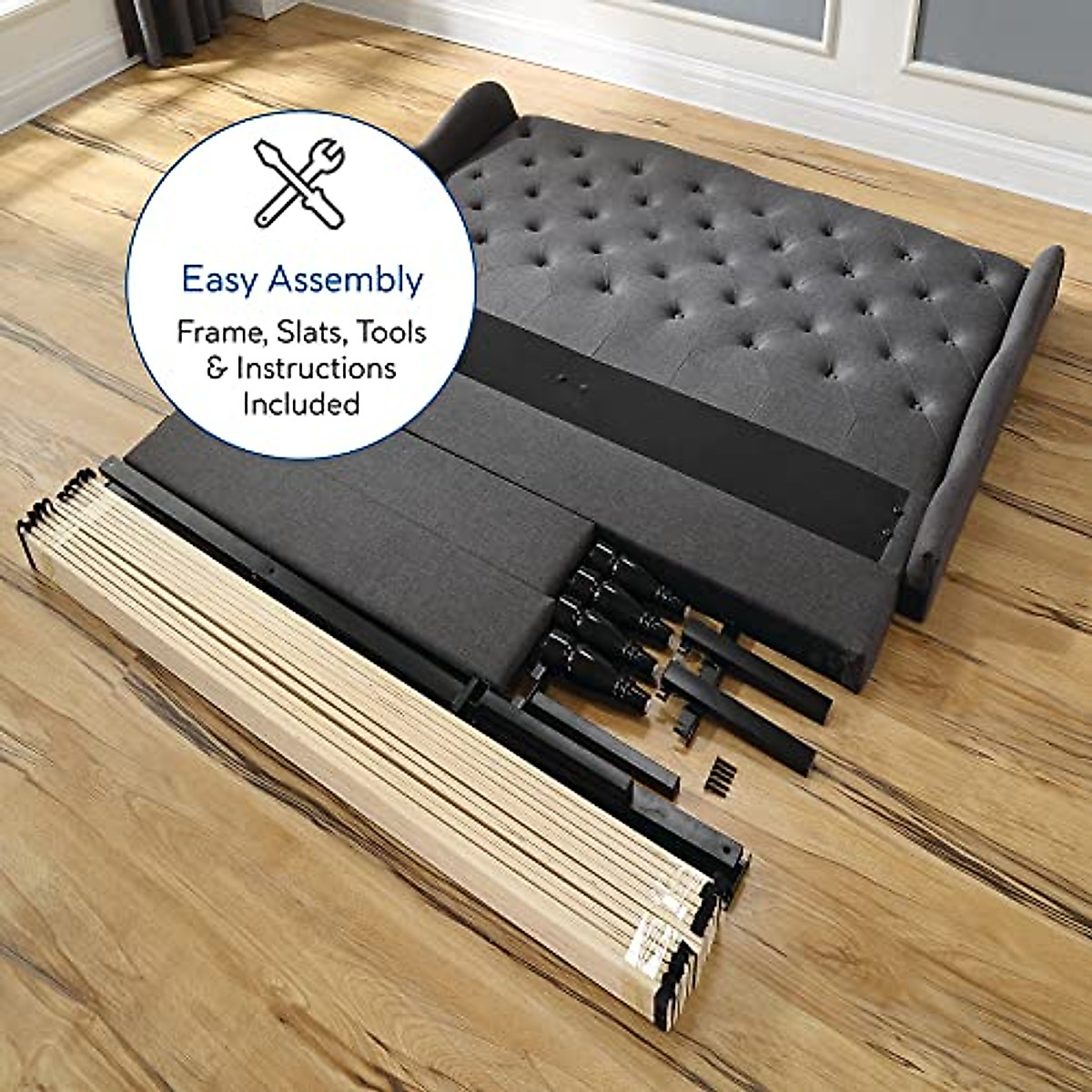 DeCoro Coventry Upholstered Platform Bed | Headboard and Metal Frame with Wood Slat Support | Grey, Queen Size