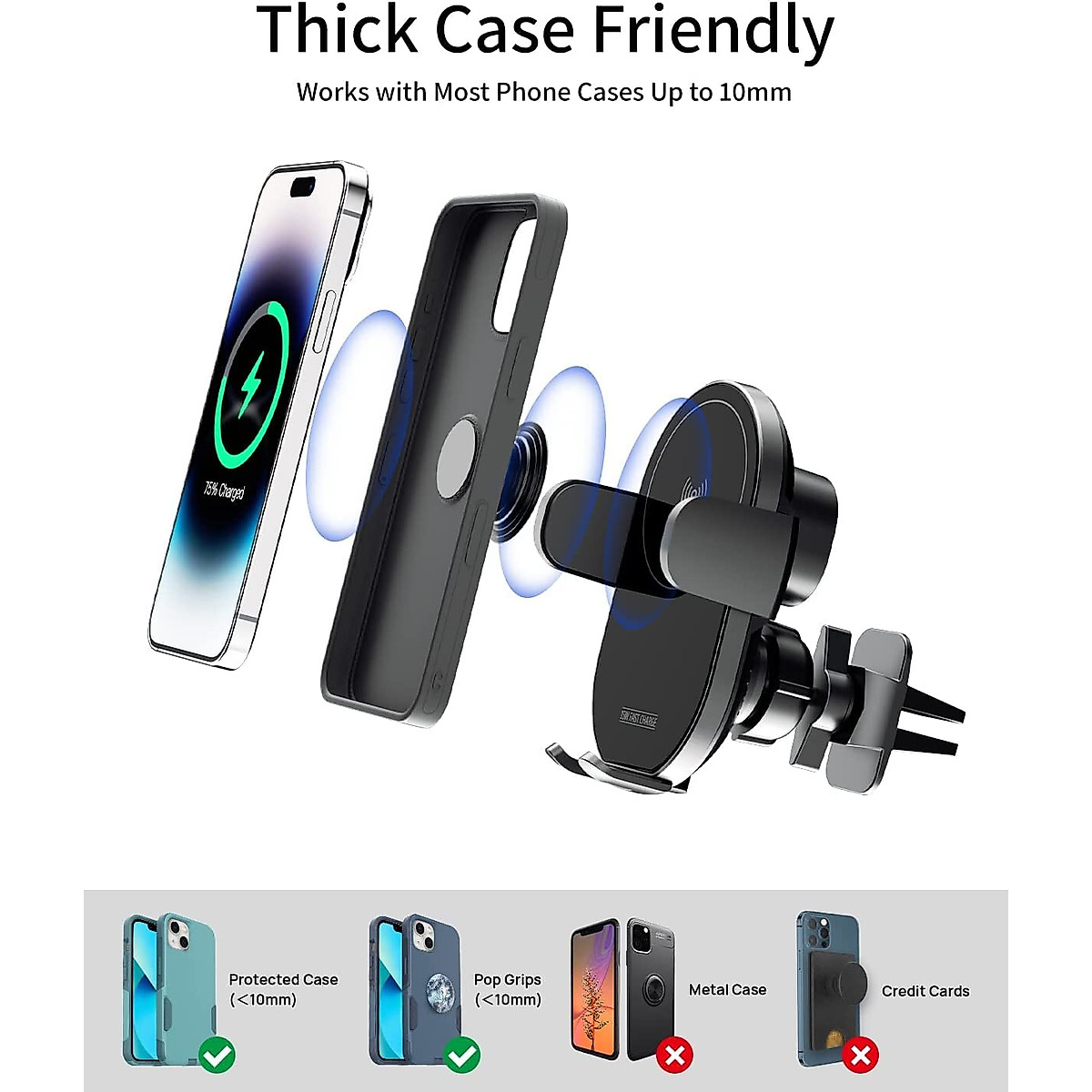 KPON Wireless Charger for Car - Auto Clamping Car Phone Holder Mount Wireless Charging - Dashboard Air Vent Wireless Car Charger Compatible with Popsocket/Otterbox/Thick Cases up to10mm