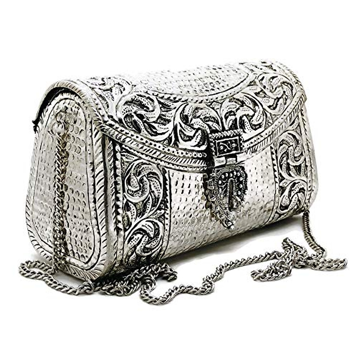 Trend Overseas women gift bridal bag Brass Metal Clutch Sling Bag Indian Ethnic Antique clutch (Silver)