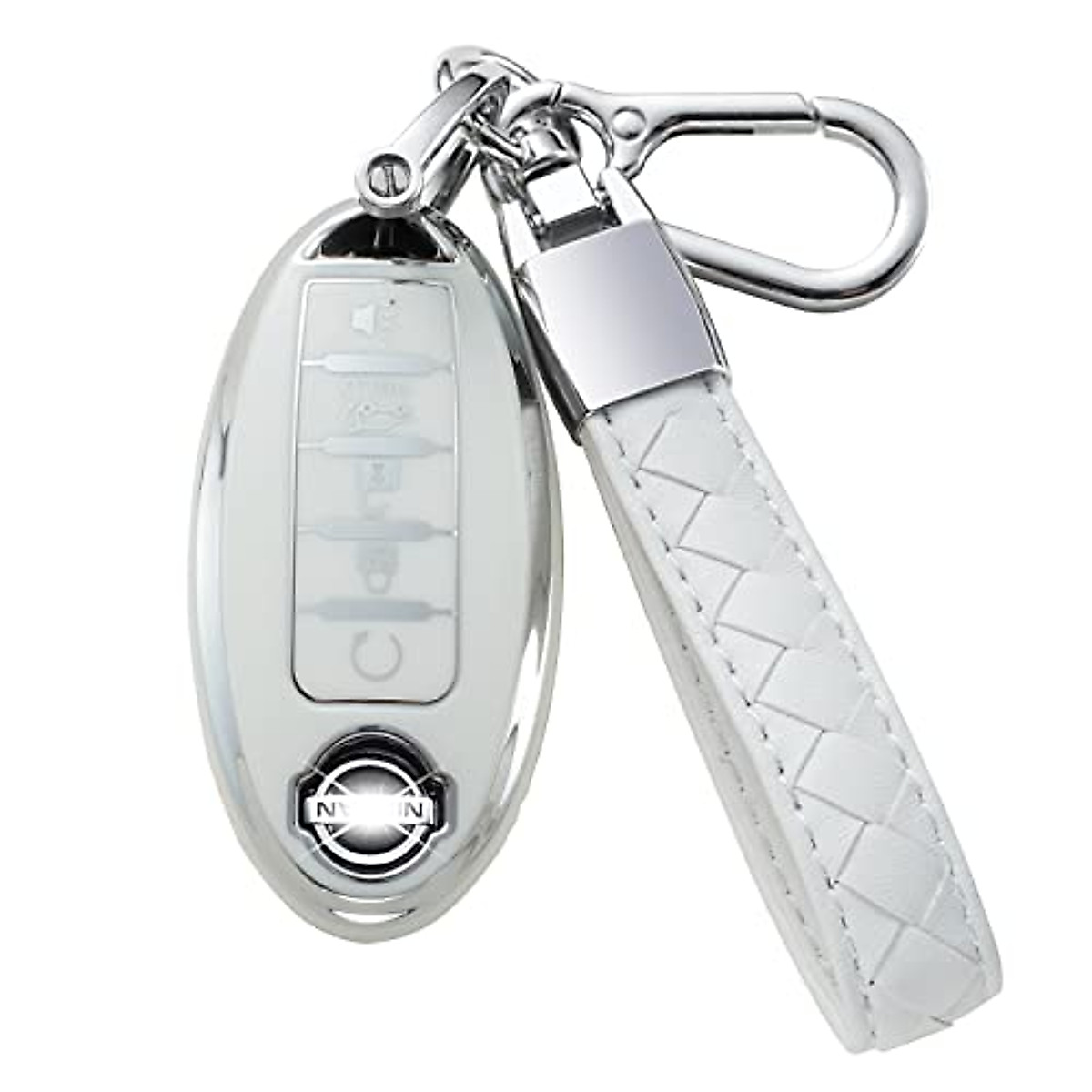 CHEZENHUI Compatible with Nissan Key Fob Cover with Leather Lanyard, Car Key Case Shell Protection for Nissan Altima Rogue Sentra Pathfinder Frontier Maxima Titan 5 Button Remote Smart Key, White