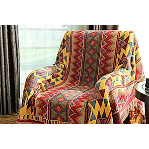 HNNSI Bohemian Cotton Woven Blanket Throw with Fringe, Reversible Sofa Towel Knitted Couch Blanket Throw for Bed Chair, Home Office Decor Tassels Blanket (51x70inch)