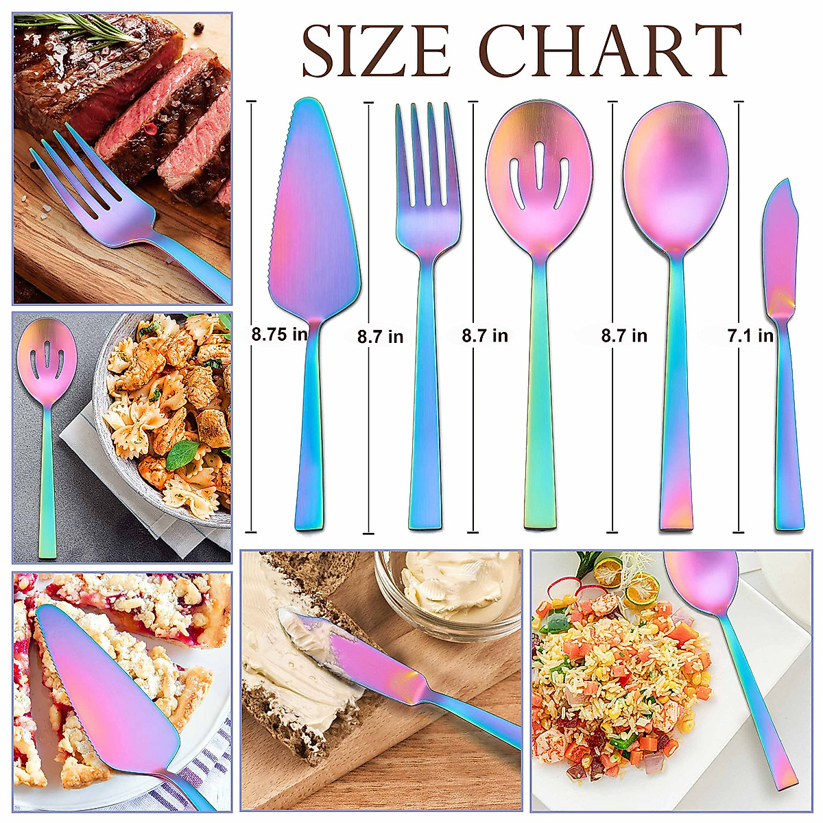 Herogo 5-Piece Matte Rainbow Stainless Steel Serving Utensils Set, Metal Square Hostess Serving Set for Catering Banquet Buffet Party Camping Kitchen Restaurant, Dishwasher Safe